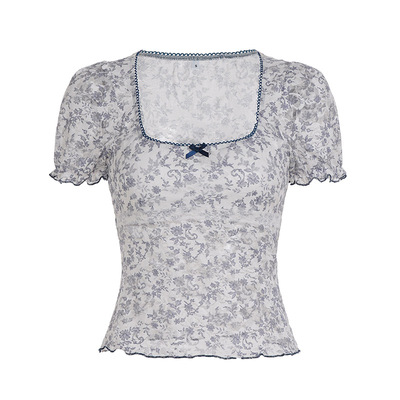 法式少女风蝴蝶结方领泡泡袖T恤