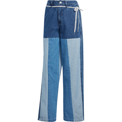 Adidas/阿迪达斯正品三叶草女士时尚拼接宽松牛仔长裤IW5663