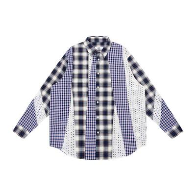 EMPTY REFERENCE结构分割肌理格纹蕾丝拼接宽松衬衣休闲长袖衬衫