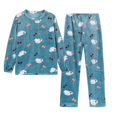 秋冬加厚法兰绒睡衣套装女圆领