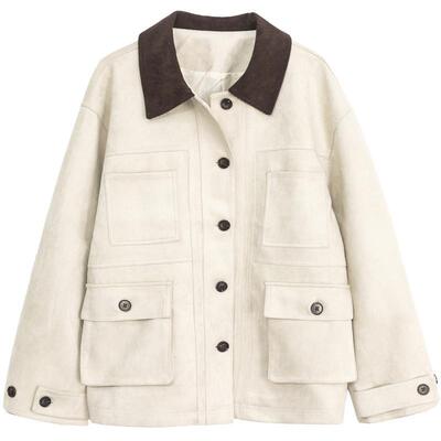 翻领麂皮绒工装棉衣拼接加厚保暖