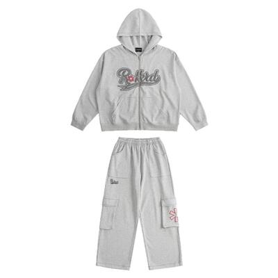 ROCKYROAD童装美式复古字母刺绣连帽卫衣拉链开衫灰色宽松外套