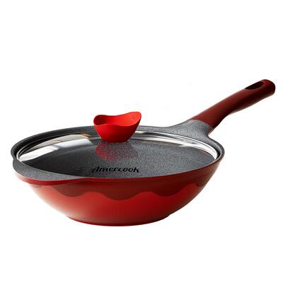 amercook阿尔菲塔红色有钛不粘炒锅家用炒菜锅平底炒锅燃气电磁炉
