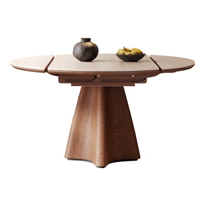 洞石岩板实木伸缩餐桌