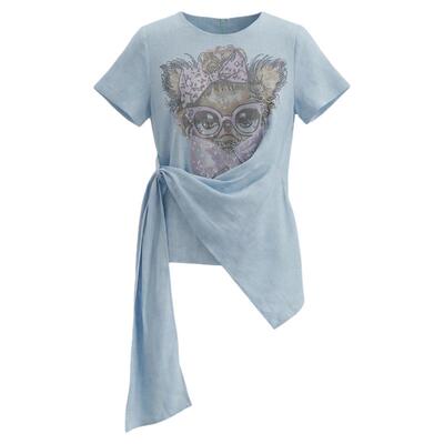 TCH甜美亚麻烫钻短袖收腰T恤女