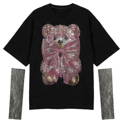 TCH烫钻小熊网纱拼接袖宽松T恤连衣裙女2026春夏新款T78A30E1055