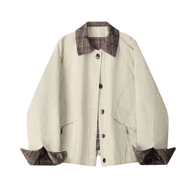 巴恩风格纹撞色翻领工装短外套女春秋超好看高级感休闲宽松夹克潮