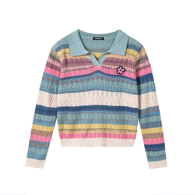 itGROUNDZERO新春休闲修身时尚彩虹条纹蓝色镂空POLO领针织衫打底