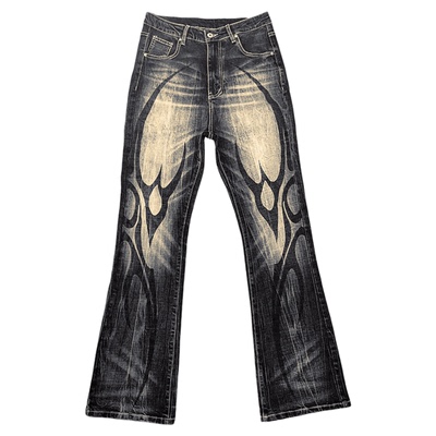 DETW水洗做旧黄图腾修身牛仔裤