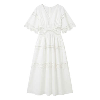 夏季白色镂空蕾丝收腰连衣裙