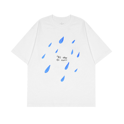 【下雨也没关系】手绘艺术雨滴小众设计感文艺重磅男女短袖T恤夏