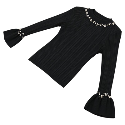百家好钉珠黑色喇叭袖针织打底衫