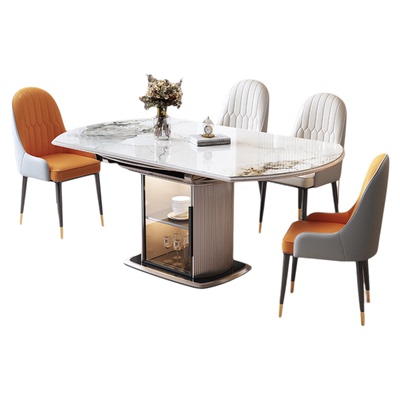 蓝色理想岩板餐桌轻奢现代简约可变圆桌储物饭桌家用伸缩吃饭桌子