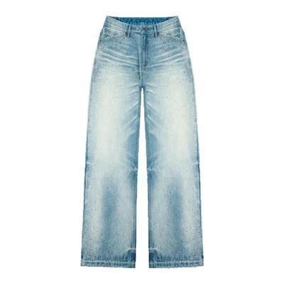 ANTIDOTE 碎烫钻洗水落色浅蓝牛仔裤男复古高街直筒休闲阔腿长裤