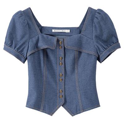 泡泡袖复古显瘦方领衬衫/短裙