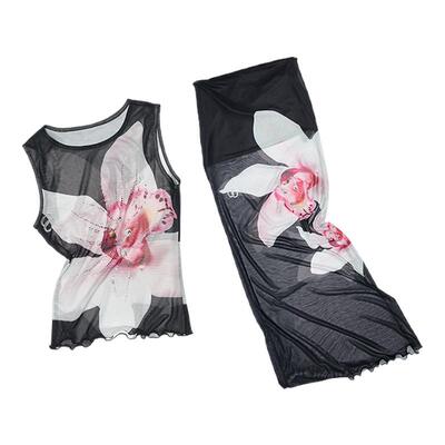 【迅猛龙同款】1JINN STUDIO花卉印花烫钻网纱背心包臀长裙套装