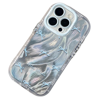 蓝色蝴蝶结适用苹果17promax奶油羽纱纹卡通透明手机壳iphone16可爱华为苹果15保护套防摔14ProMax全包趣味
