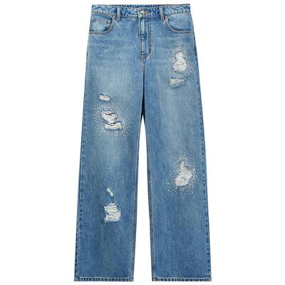 Ed Hardy埃德哈迪冬季新款水洗做旧烫钻破洞合身女士牛仔长裤