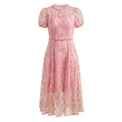 马天奴粉色刺绣圆领收腰连衣裙