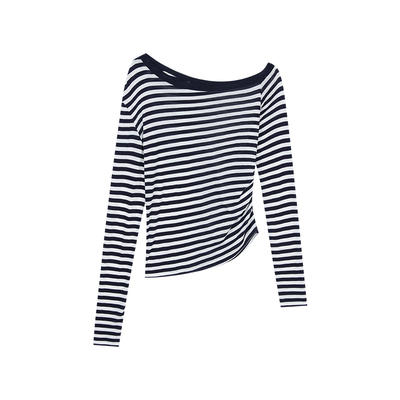 Jamor加墨时尚经典条纹长袖T恤上衣斜肩设计感女装2025秋冬季新款