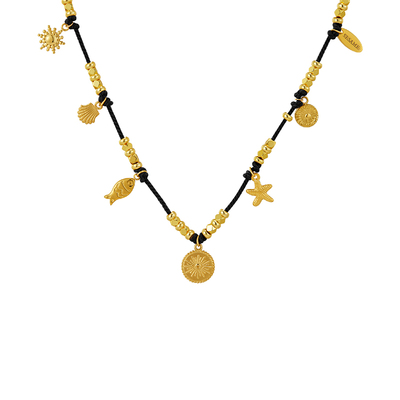 飒米波西米亚风金色太阳鱼多吊坠吊牌编织项链锁骨链可调节