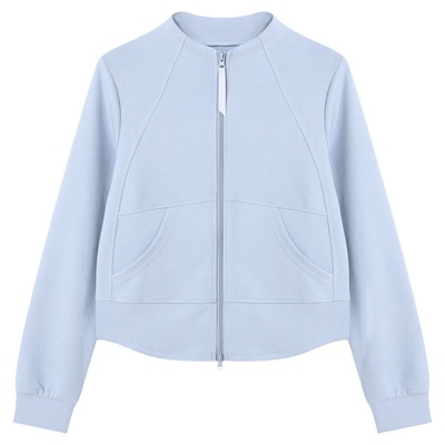 Basic House/百家好长袖运动针织时尚休闲开衫卫衣女立领短款外套