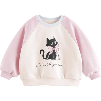 马克珍妮女童趣味猫咪撞色卫衣儿童宽松上衣2025年春装新款250150