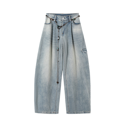 Goosfir 原创设计复古水线串珠弯刀牛仔裤新款宽松水洗休闲长裤女