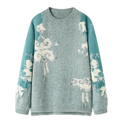 it :orange forest青绿冬季系列毛衣新款羊毛针织衫撞色提花毛衣