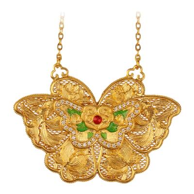 乐越黄金古法玲珑花蝶项链足金999钻石点钻蝴蝶挂坠送女友