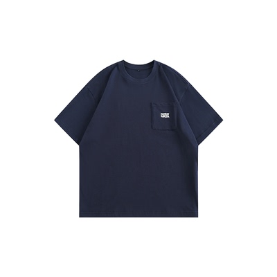 夏季宽松纯棉圆领口袋短袖T恤男