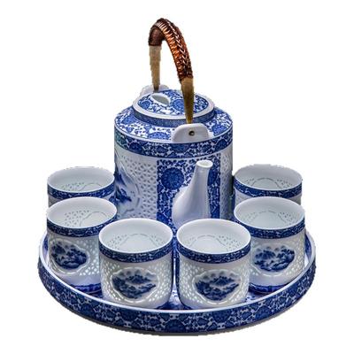 景德镇青花瓷玲珑茶具套装家用陶瓷镂空提梁壶中式复古茶杯凉水壶