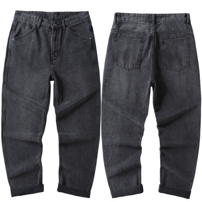 水洗加绒做旧阔腿牛仔裤男款冬季