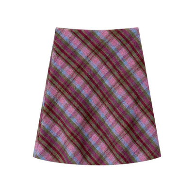 FireGolden炉2025秋冬紫色格子含羊毛A字半裙显瘦百搭女