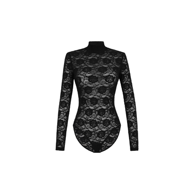 XULU原创黑色蕾丝镂空花朵修身打底衫上衣气质性感高领长袖连体衣