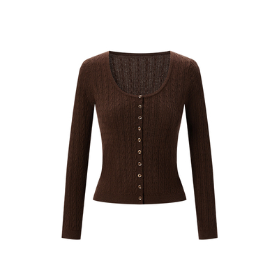 MELINDA LI【香软可可】绵羊毛汤勺领绞花针织开衫抽绳针织长裤套