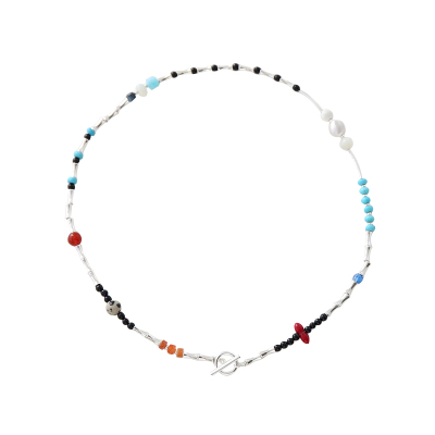 银色搭扣不对称彩色石头串珠颈链