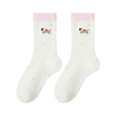 moremoli女士冬天小狗刺绣澳绒袜