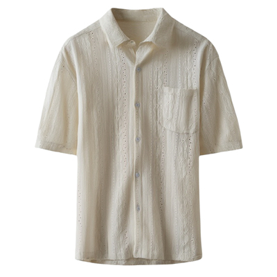 TRIPLE古巴领提花镂空短袖宽松衬衫男高级感老钱风复古白色休闲