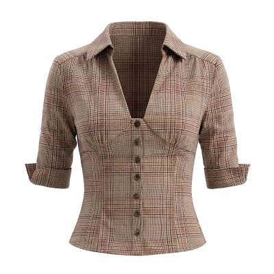 PynkiSwear 白色/棕色格纹V领收腰中袖衬衫高智感修身显瘦衬衣女