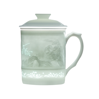 景德镇官方陶瓷马克杯家用喝水杯子浮雕玲珑办公大容量茶漏杯送礼