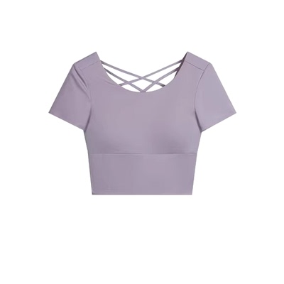 紫色美背交叉带速干瑜伽短袖