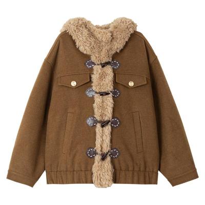 KEIKO [绗缝夹棉]毛熊连帽短款毛呢外套冬季羊羔毛拼接牛角扣棉服