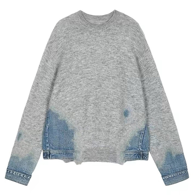 牛仔拼接圆领套头毛衣/开衫外套