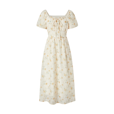 摩萨克夏款法式田园清碎花甜美灯笼袖高腰长款连衣裙女