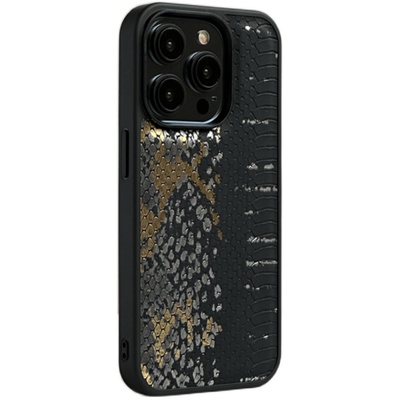 新款黑金蛇纹皮质苹果15手机壳