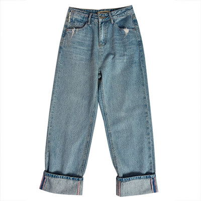 flower花匣子复古牛仔裤女2026新款高腰蓝色翻边破洞直筒裤62050