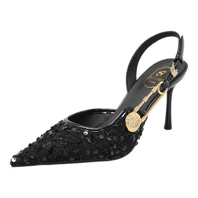 苏妃妃尖头细跟亮片包头凉鞋