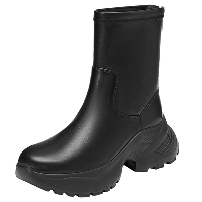 思加图黑巧克力中筒靴厚底弹力靴