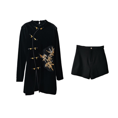 中式国金竹叶丝绒上衣短裤套装